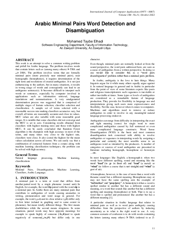 Pdf Arabic Minimal Pairs Word Detection And Disambiguation
