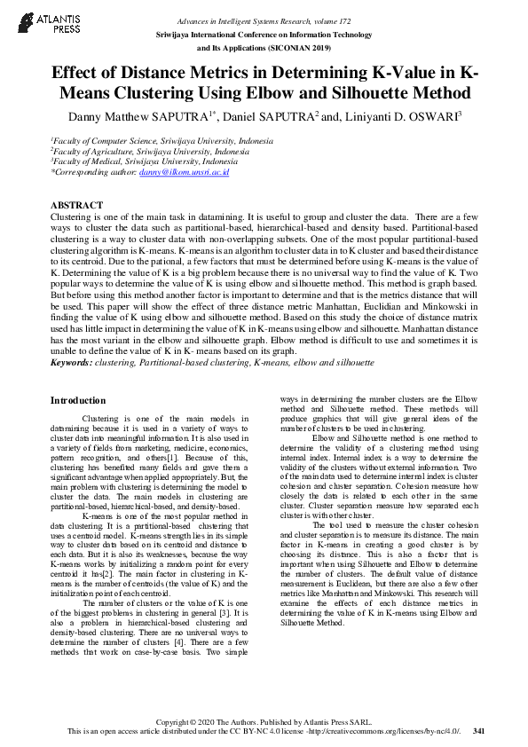 (PDF) Effect of Distance Metrics in Determining K-Value in K-Means Clustering Using Elbow and ...