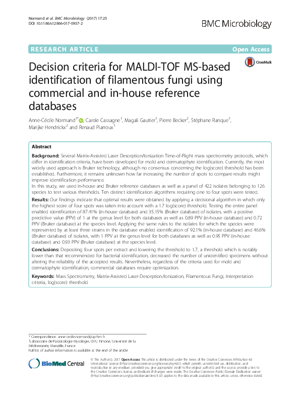 (PDF) Decision criteria for MALDI-TOF MS-based identification of filamentous fungi using ...