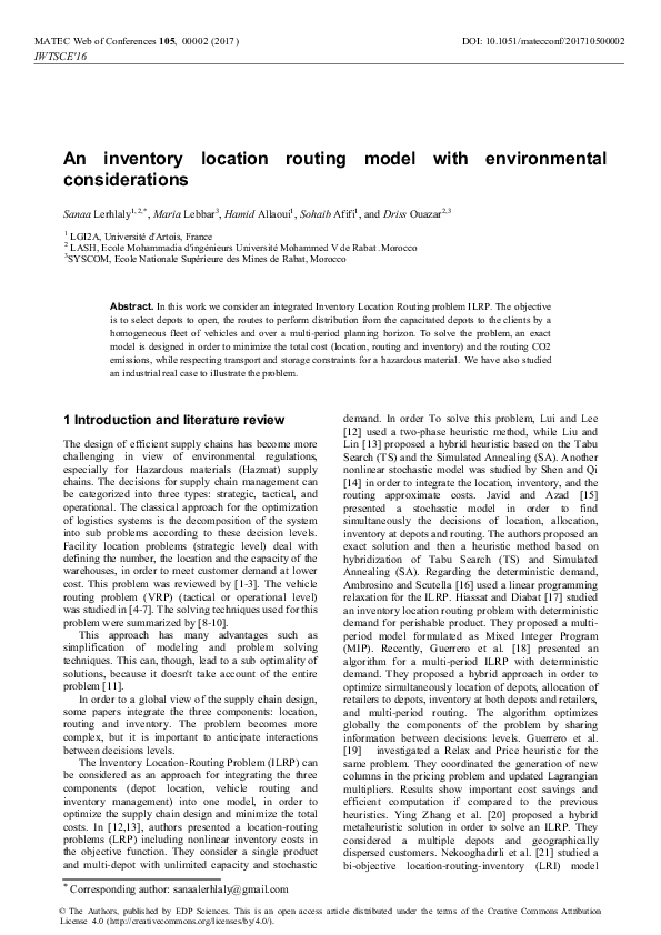 Pdf An Inventory Location Routing Model With Environmental