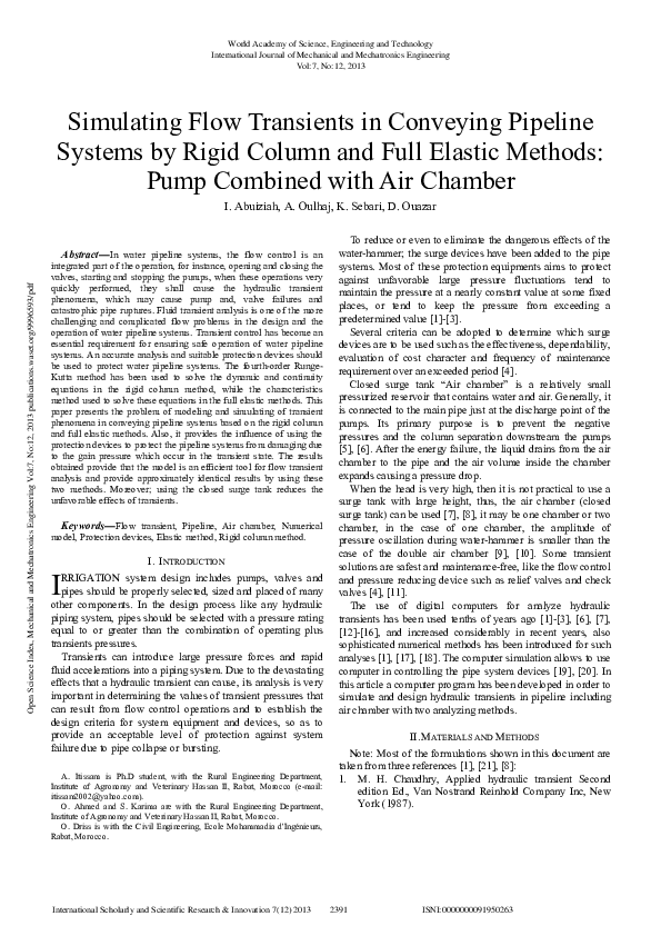 (PDF) Simulating Flow Transients in Conveying Pipeline Systems by Rigid Column and Full Elastic ...