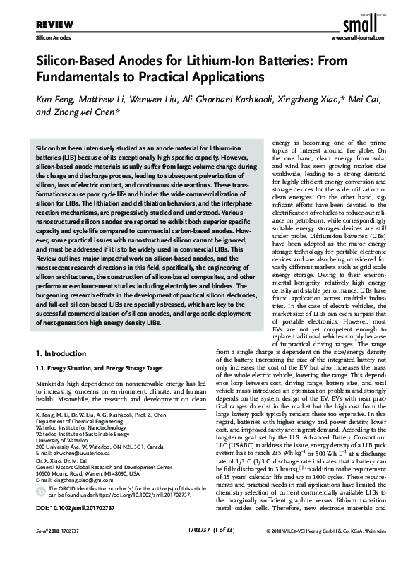 (PDF) Silicon-Based Anodes for Lithium-Ion Batteries: From Fundamentals to Practical Applications