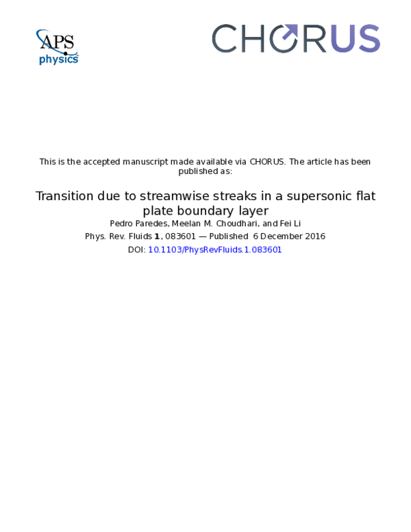 (PDF) Transition due to streamwise streaks in a supersonic flat plate boundary layer