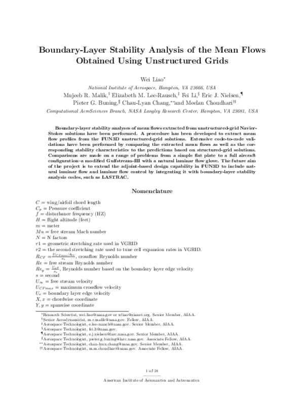 (PDF) Boundary-Layer Stability Analysis of the Mean Flows Obtained Using Unstructured Grids