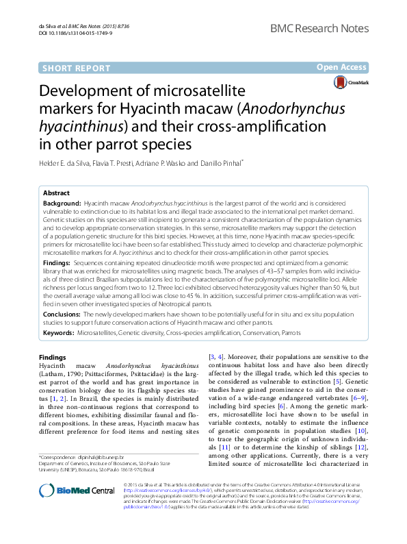 (PDF) Development of microsatellite markers for Hyacinth macaw ...