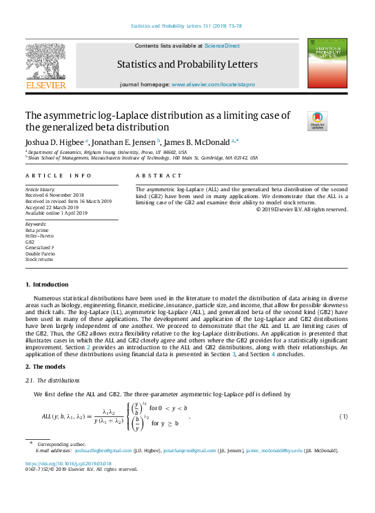 (PDF) The asymmetric log-Laplace distribution as a limiting case of the generalized beta ...