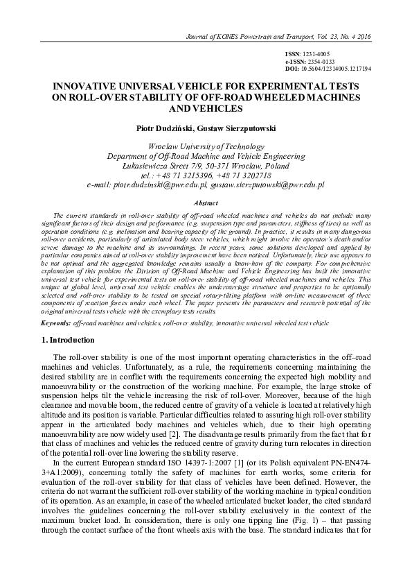 (PDF) Innovative universal vehicle for experimental tests on roll-over ...