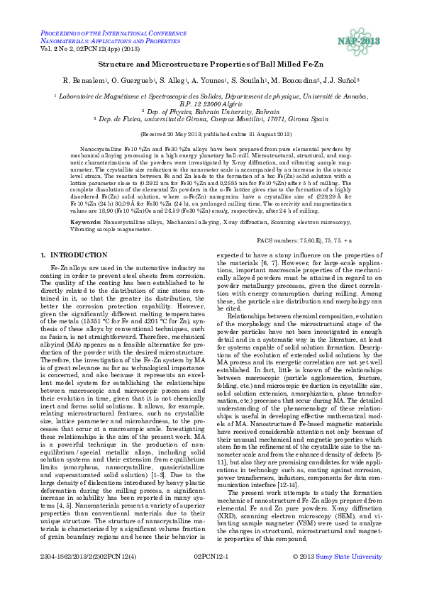 (PDF) Structure and Microstructure Properties of Ball Milled Fe-Zn | younes achour - Academia.edu