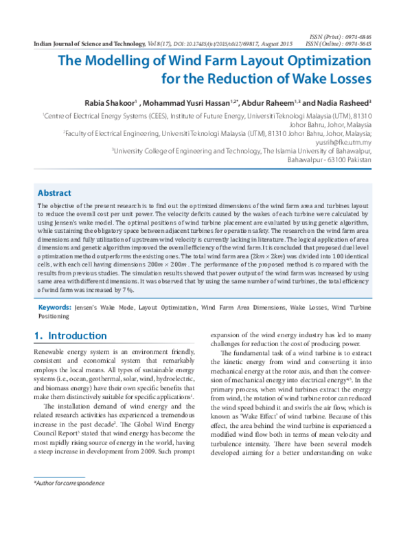 (PDF) The Modelling of Wind Farm Layout Optimization for the Reduction of Wake Losses
