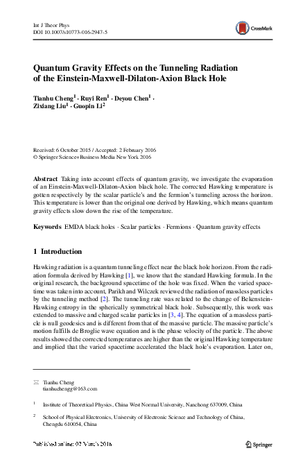 (PDF) Quantum Gravity Effects on the Tunneling Radiation of the Einstein-Maxwell-Dilaton-Axion ...