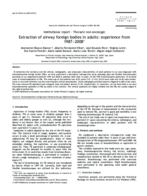 (PDF) Institutional report - Thoracic non-oncologic Extraction of airway foreign bodies in ...