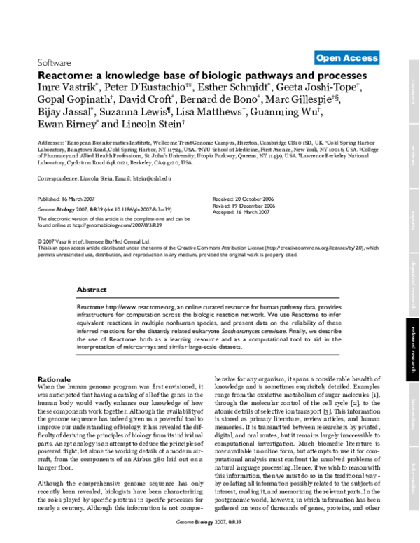 (PDF) Reactome: a knowledge base of biologic pathways and processes