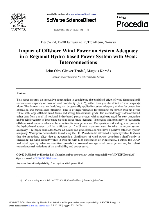 (PDF) Impact of Offshore Wind Power on System Adequacy in a Regional ...