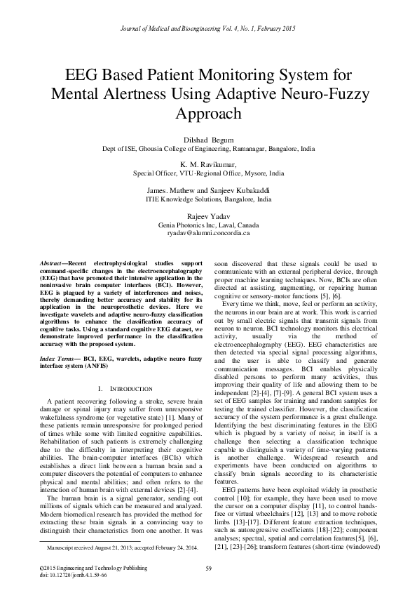 (PDF) EEG Based Patient Monitoring System for Mental Alertness Using Adaptive Neuro-Fuzzy ...