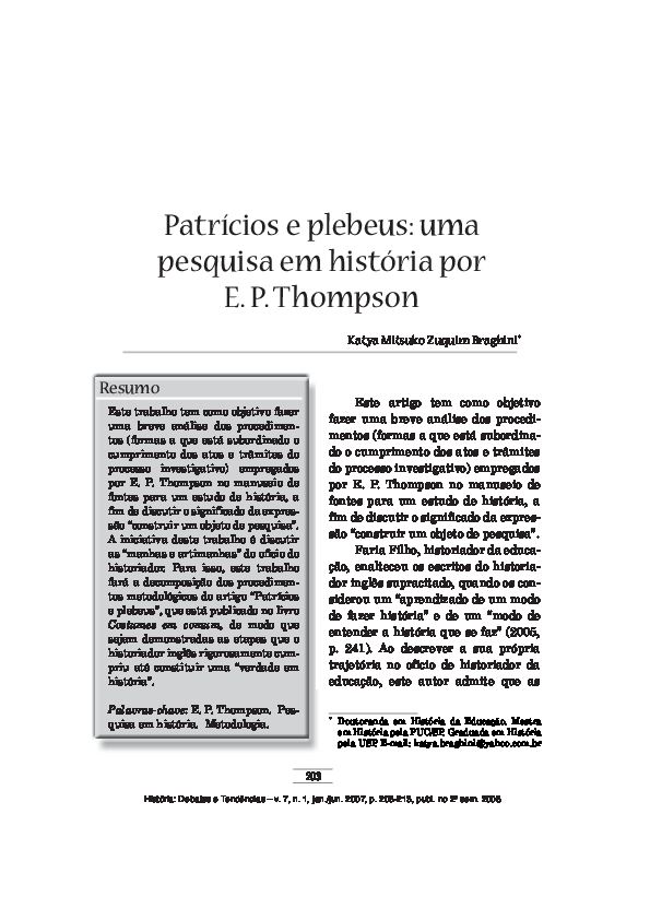 (PDF) Patrícios e plebeus: uma pesquisa em história por E. P. Thompson