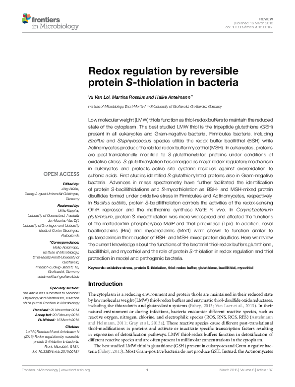(PDF) Bacterial Redox Regulation via Protein S-Thiolation