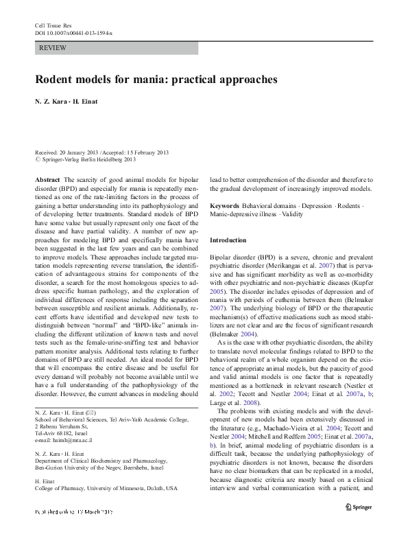 (PDF) Rodent models for mania: practical approaches | Haim Einat ...
