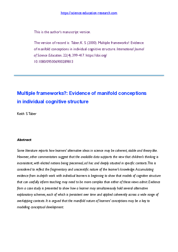 (PDF) Multiple frameworks?: Evidence of manifold conceptions in individual cognitive structure