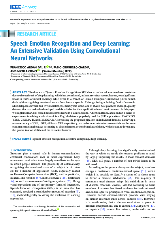 Pdf Speech Emotion Recognition And Deep Learning An Extensive Validation Using Convolutional