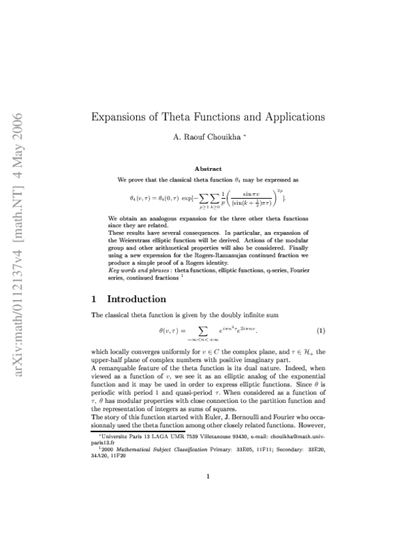 (PDF) Expansions of Theta Functions and Applications