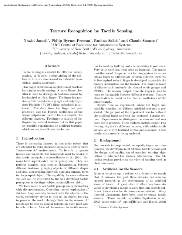 (PDF) Texture Recognition by Tactile Sensing