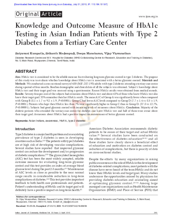 (PDF) Knowledge and outcome measure of HbA1c testing in Asian Indian ...