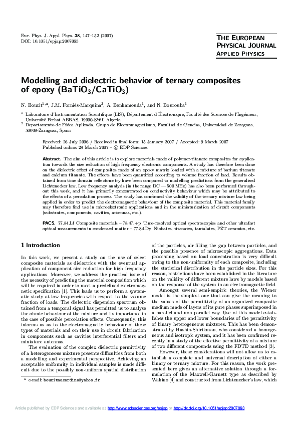 (PDF) Modelling and dielectric behavior of ternary composites of epoxy ...