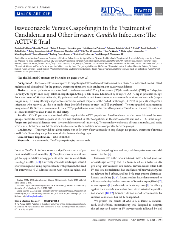 (PDF) Isavuconazole versus Caspofungin in the Treatment of Candidemia and Other Invasive Candida ...