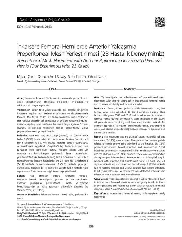 (PDF) Preperitoneal Mesh Placement with Anterior Approach in Incarcerated Femoral Hernia (Our ...