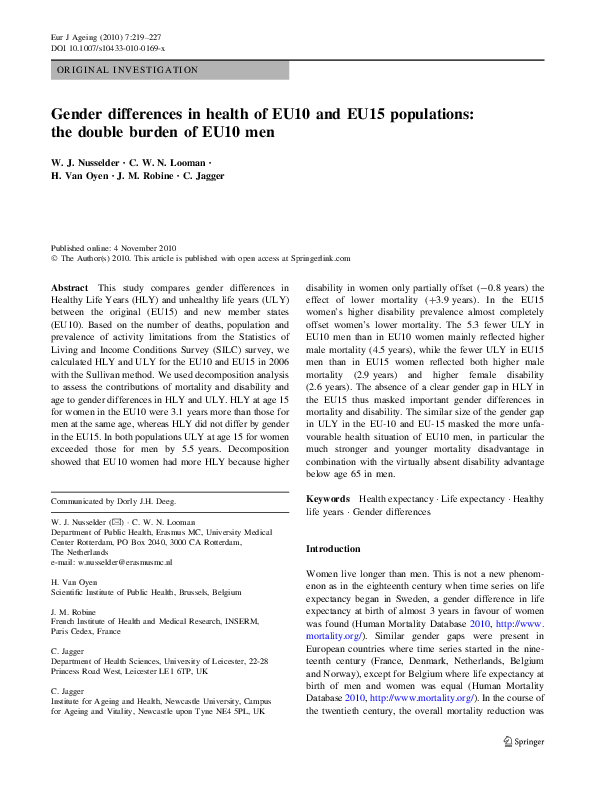 (PDF) Gender differences in health of EU10 and EU15 populations: the ...
