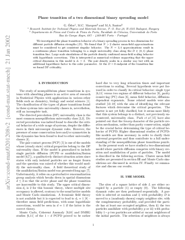 (PDF) Phase transition of a two-dimensional binary spreading model