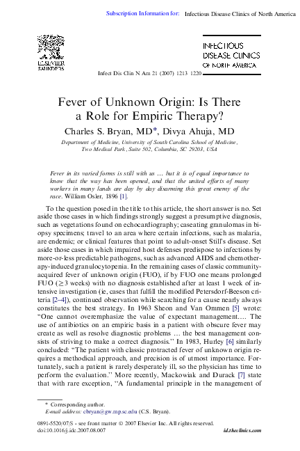 (PDF) Fever of Unknown Origin: Is There a Role for Empiric Therapy?