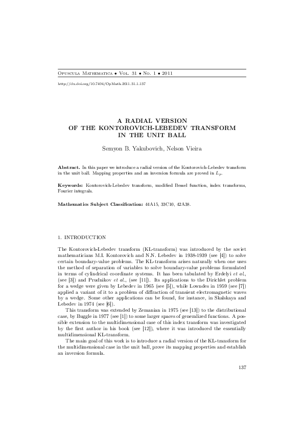(PDF) A radial version of the Kontorovich-Lebedev transform in the unit ball