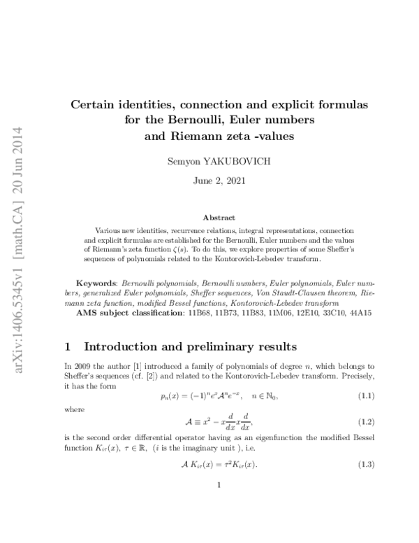 (PDF) Certain identities, connection and explicit formulas for the Bernoulli, Euler numbers and ...