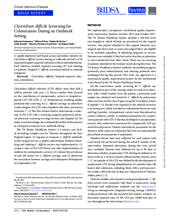 (PDF) Clostridium difficile Screening for Colonization During an ...