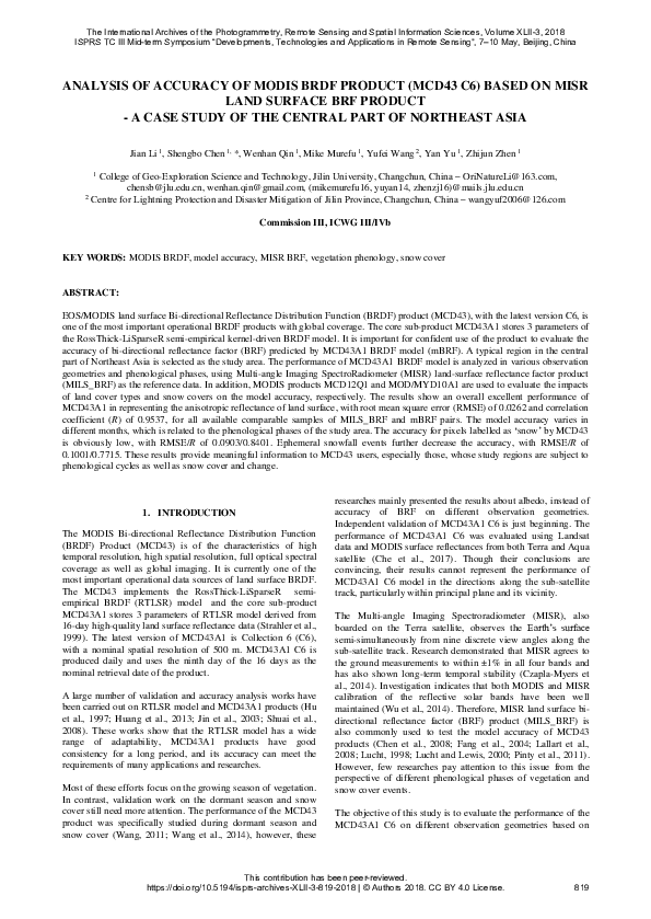 (PDF) Analysis of Accuracy of Modis BRDF Product (MCD43 C6) Based on Misr Land Surface BRF ...