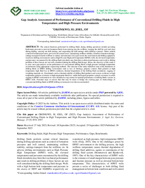(PDF) Gap Analysis Assessment of Performance of Conventional Drilling Fluids in High Temperature ...