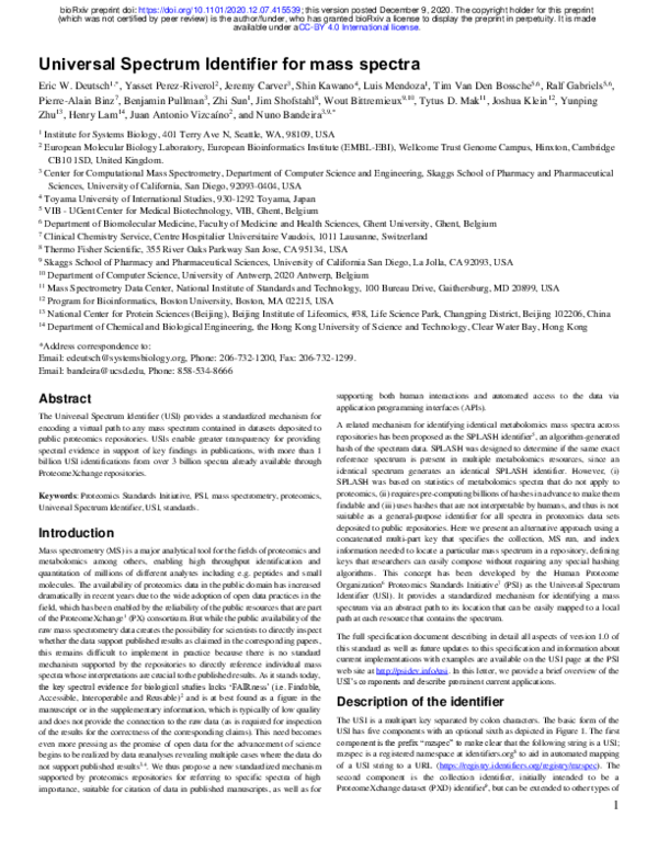 (PDF) Universal Spectrum Identifier for mass spectra