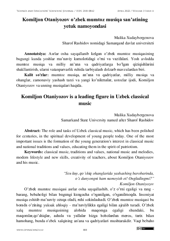 (PDF) Komiljon Otaniyozov is a leading figure in Uzbek classical music | Malika Khudaibergenova ...