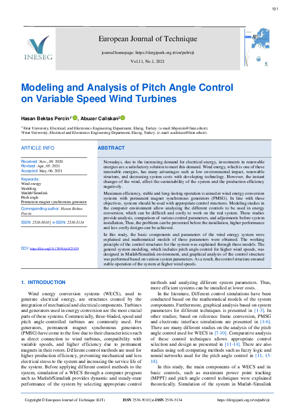 (PDF) Modeling and Analysis of Pitch Angle Control on Variable Speed Wind Turbines
