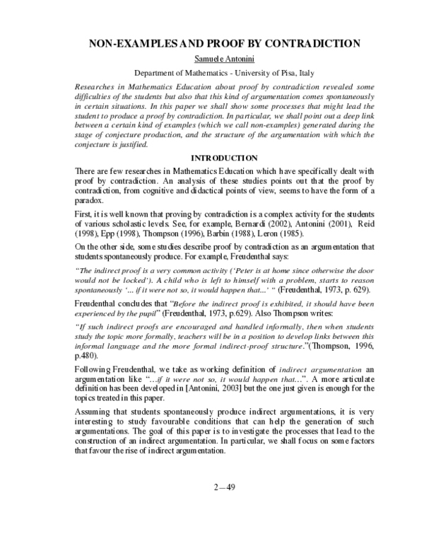 (PDF) Non-Examples and Proof by Contradiction | Samuele Antonini ...