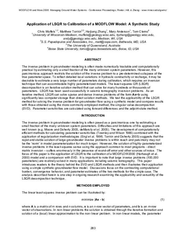 (PDF) Application of LSQR to Calibration of a MODFLOW Model: A Synthetic Study | Tom Clemo ...