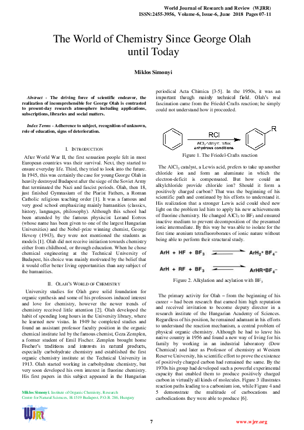 (PDF) The World of Chemistry Since George Olah until Today