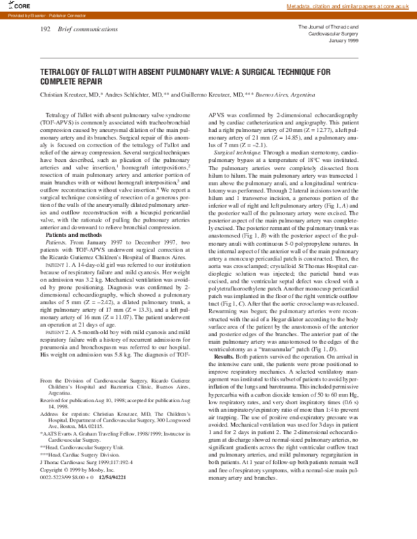 (PDF) Tetralogy of fallot with absent pulmonary valve: A surgical ...
