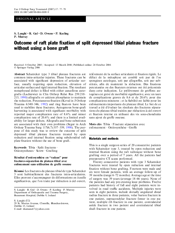 (PDF) Outcome of raft plate fixation of split depressed tibial plateau ...