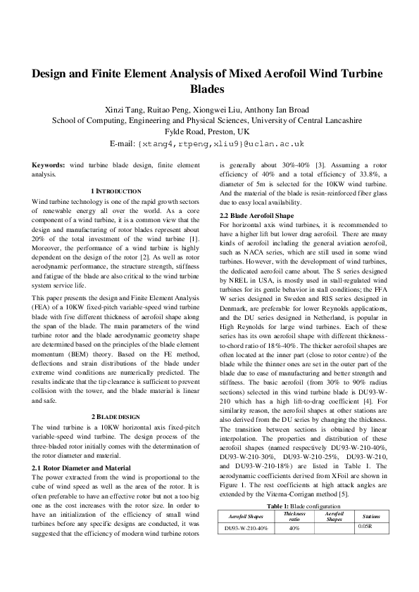 (PDF) Aerodynamic Design and Finite Element Modelling of Mixed Aerofoil Wind Turbine Blades