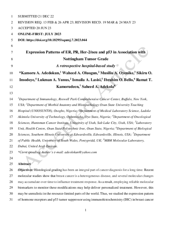(PDF) Expression Patterns of ER, PR, Her-2/neu and p53 in Association with Nottingham Tumor ...