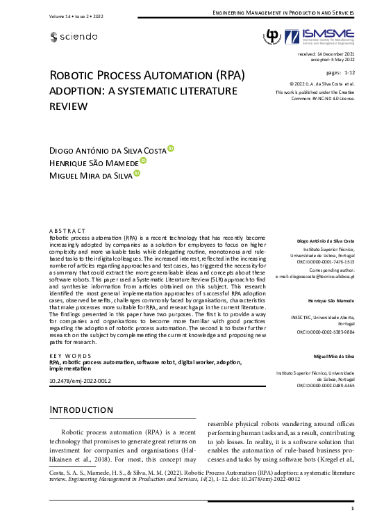 (PDF) Robotic Process Automation (RPA) Adoption: A Systematic Literature Review