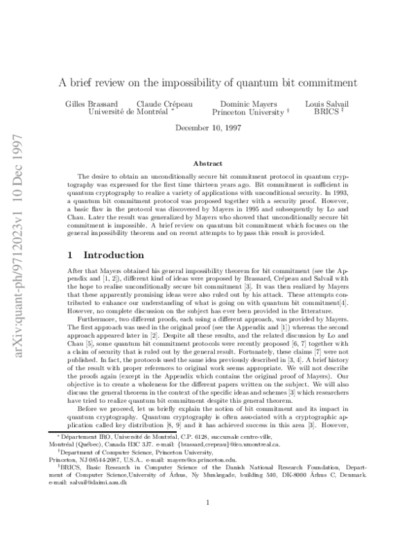 (PDF) A brief review on the impossibility of quantum bit commitment