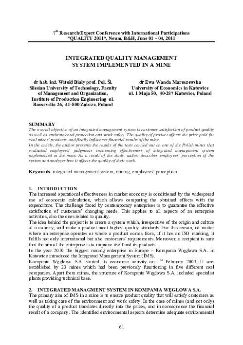 (PDF) Integrated Quality Management System Implemented in a Mine